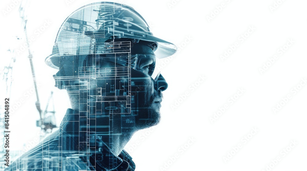 Male construction engineer's side profile with transparent architectural blueprints overlaid ...