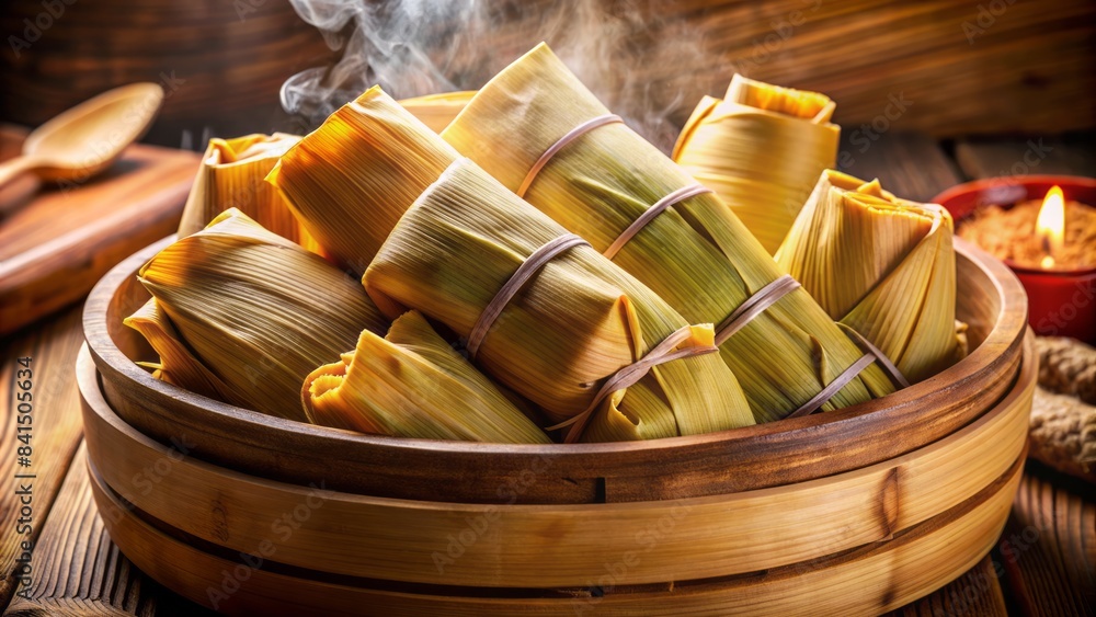 Steaming hot corn tamales wrapped in corn husks, freshly cooked in a ...