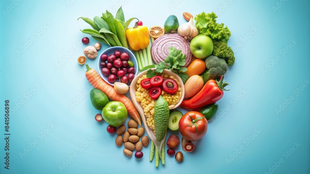 Fresh vegetables and fruits scattered around a digestive system diagram ...