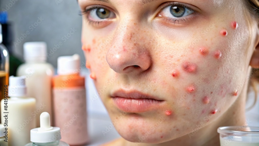 Macro close-up of inflamed pimples and pustules on a skin surface ...