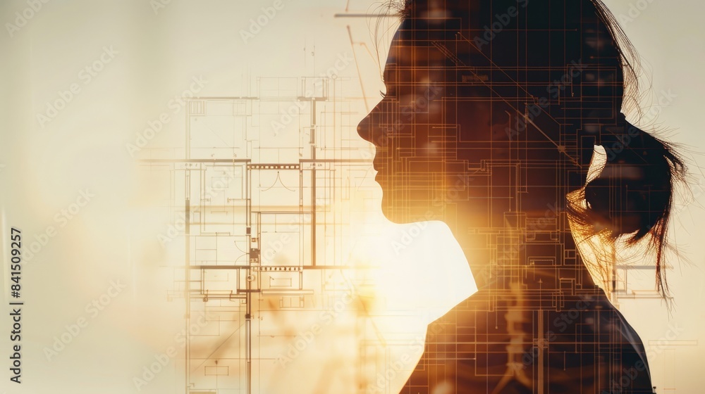 Side profile of a female construction engineer with architectural ...