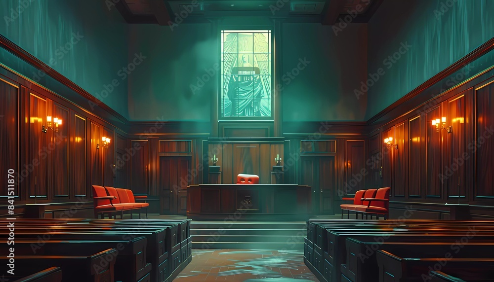 AI Jurisprudence Unveiled, futuristic courtroom scene where AI-powered ...