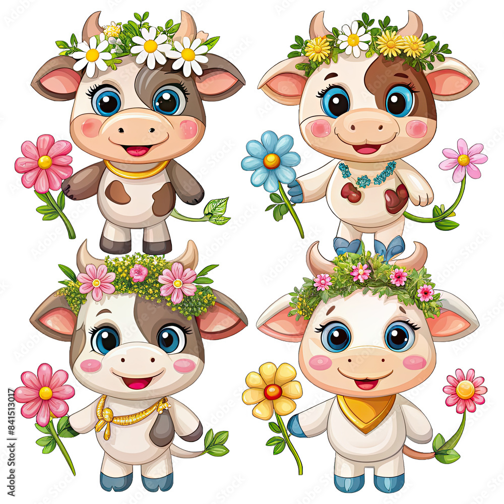Four cute cartoon baby cows with flower crowns holding flowers. The ...