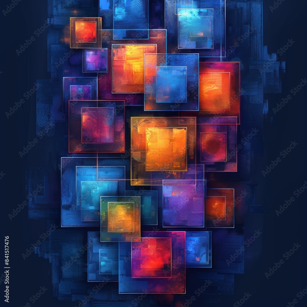 Minimalist pixel art, square and rectangular blocks, blue color palette ...