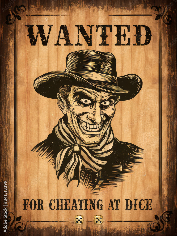 A wanted poster featuring a sinister-looking cowboy with a mischievous ...