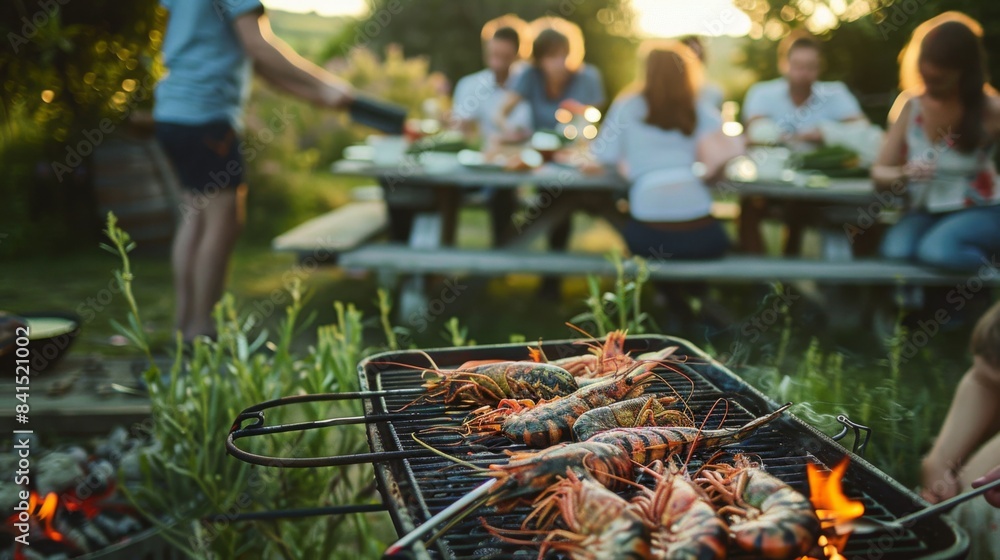 A rustic outdoor barbecue scene with river prawns grilling over hot ...