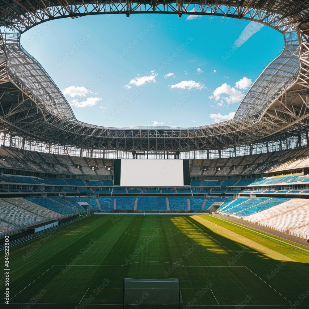 Focus shot of blank white screen inside stadium with clear sky for ...