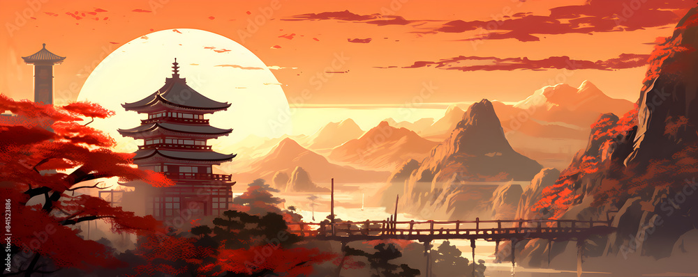 Sunrise in Japan. Cartoon illustration with beautiful Asian landscape ...