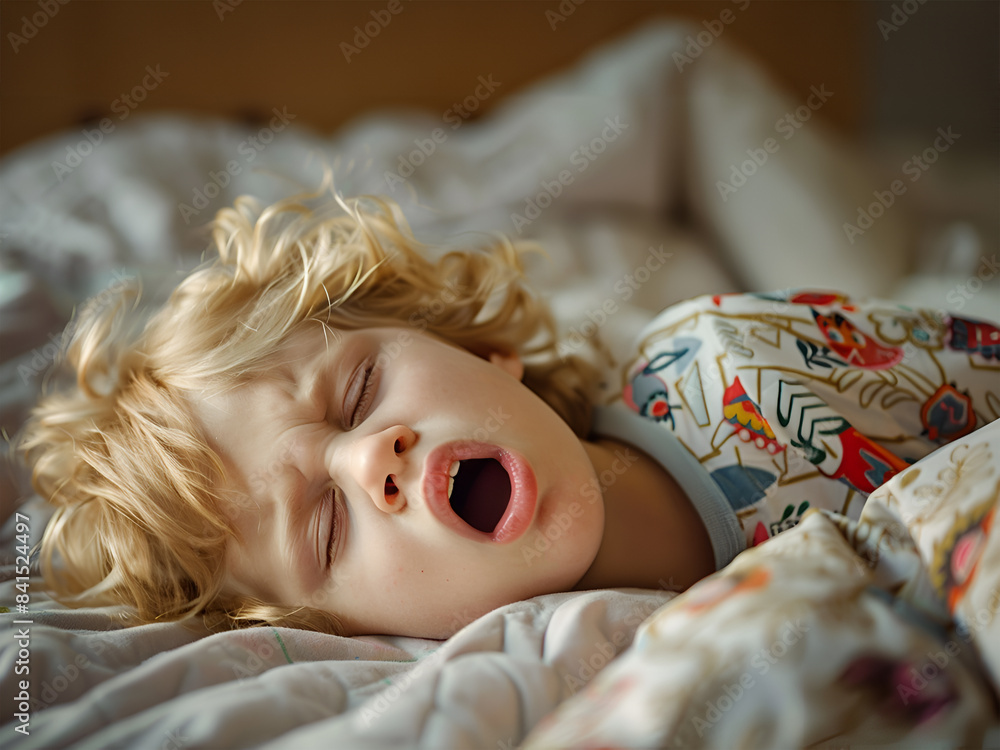 Little blond boy sleeping in his bed. Restless sleep of a baby with a ...