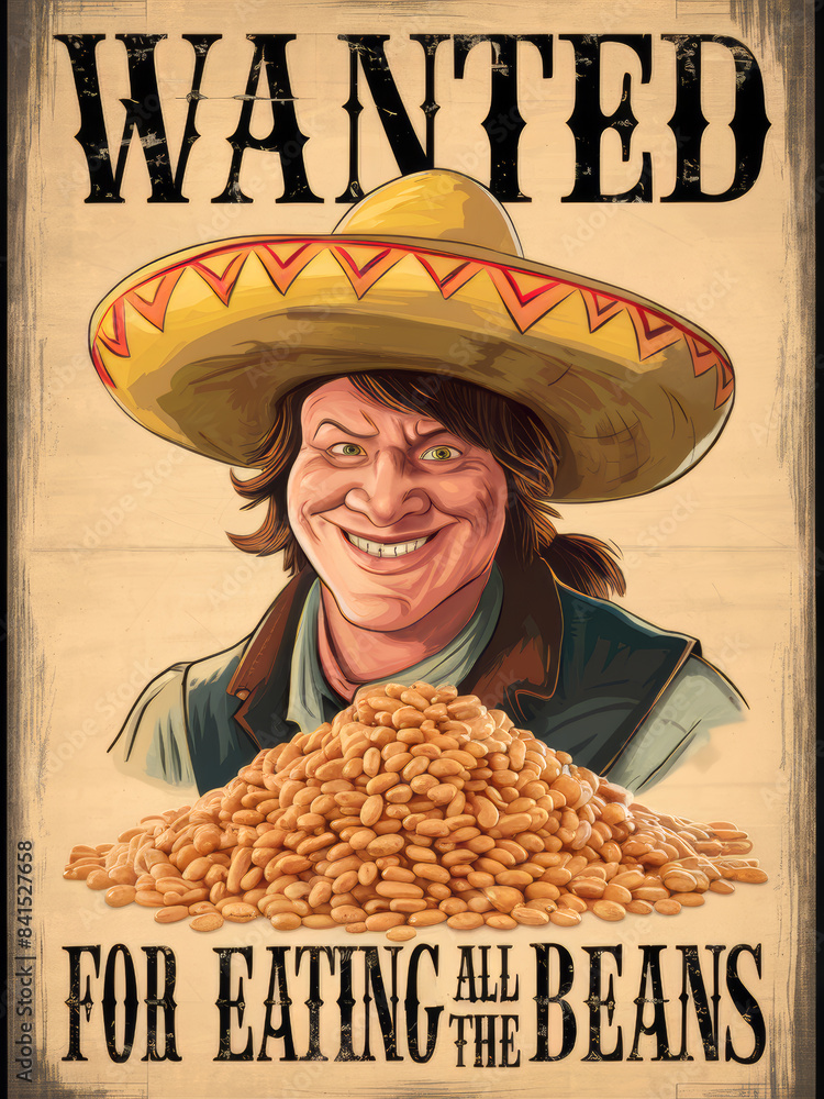 A humorous wanted poster featuring a grinning man in sombrero ...