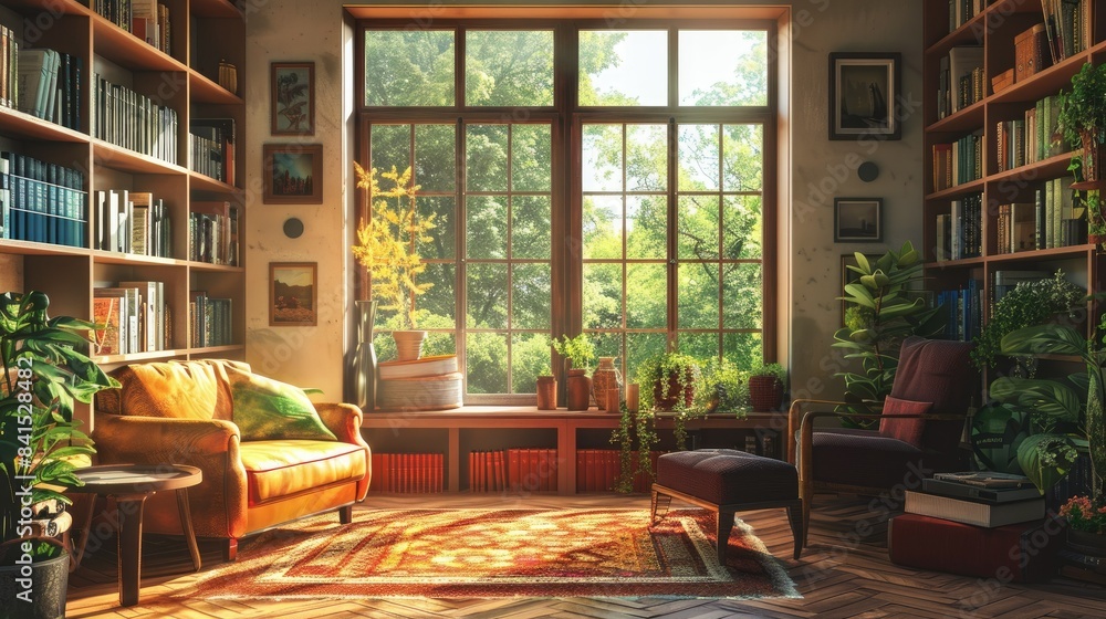 Library room interior with seats and coffee table, side view, window on ...
