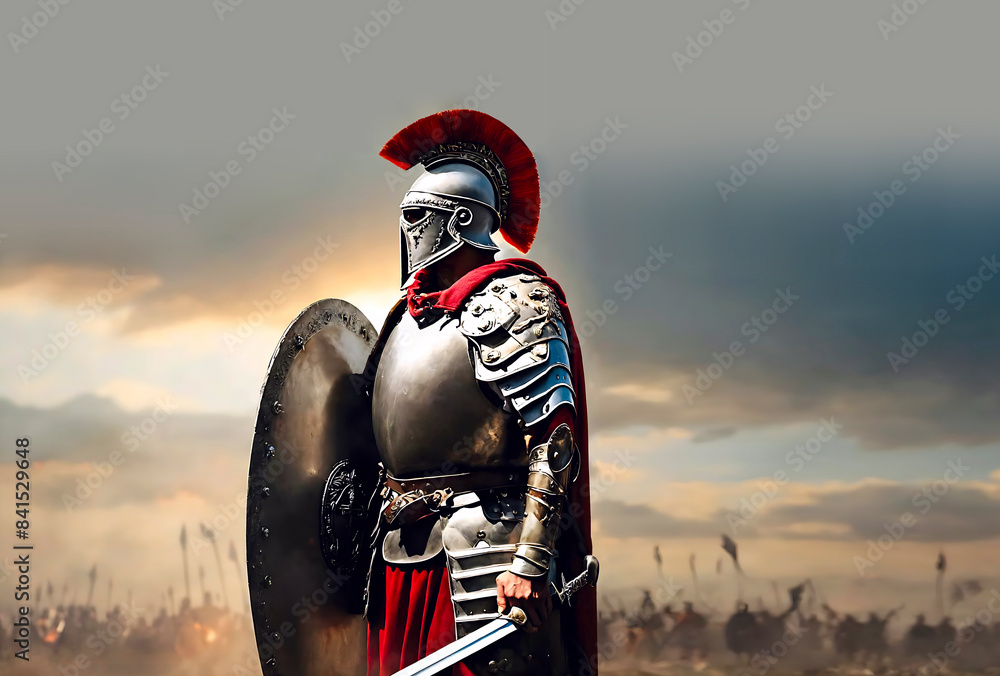 roman warrior in armour and red mantle holding sword, shield in ...