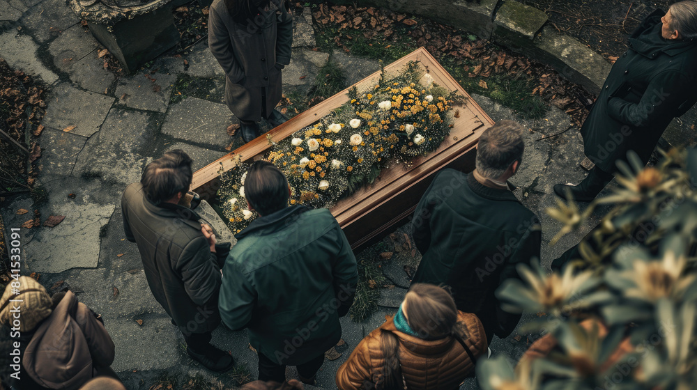 Death, funeral and coffin with family mourning, sad and depressed for ...