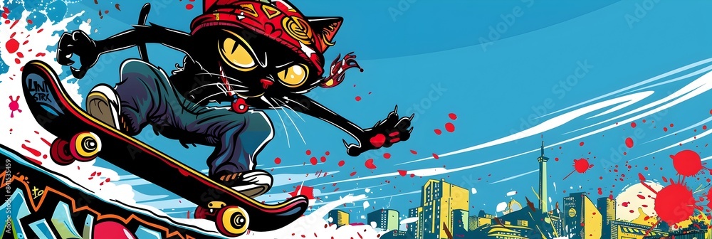 Punk Rock Cat Skateboarder in Vibrant Urban Landscape with Surreal ...
