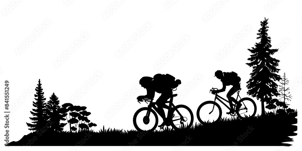 Forest landscape with bicycle tourists. Cyclist silhouettes. Vector ...