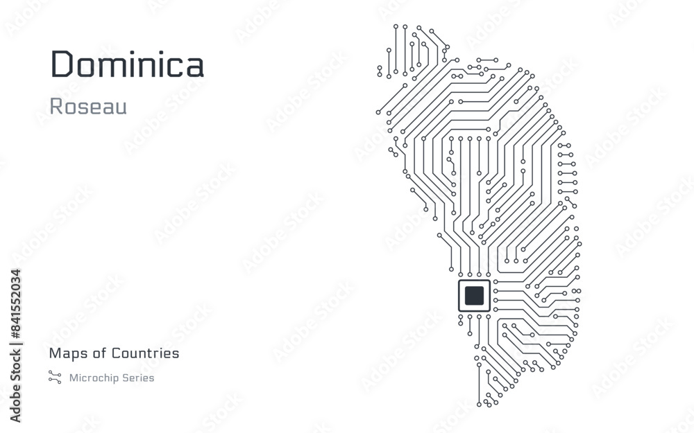 Dominica Map with a capital of Roseau Shown in a Microchip Pattern with ...