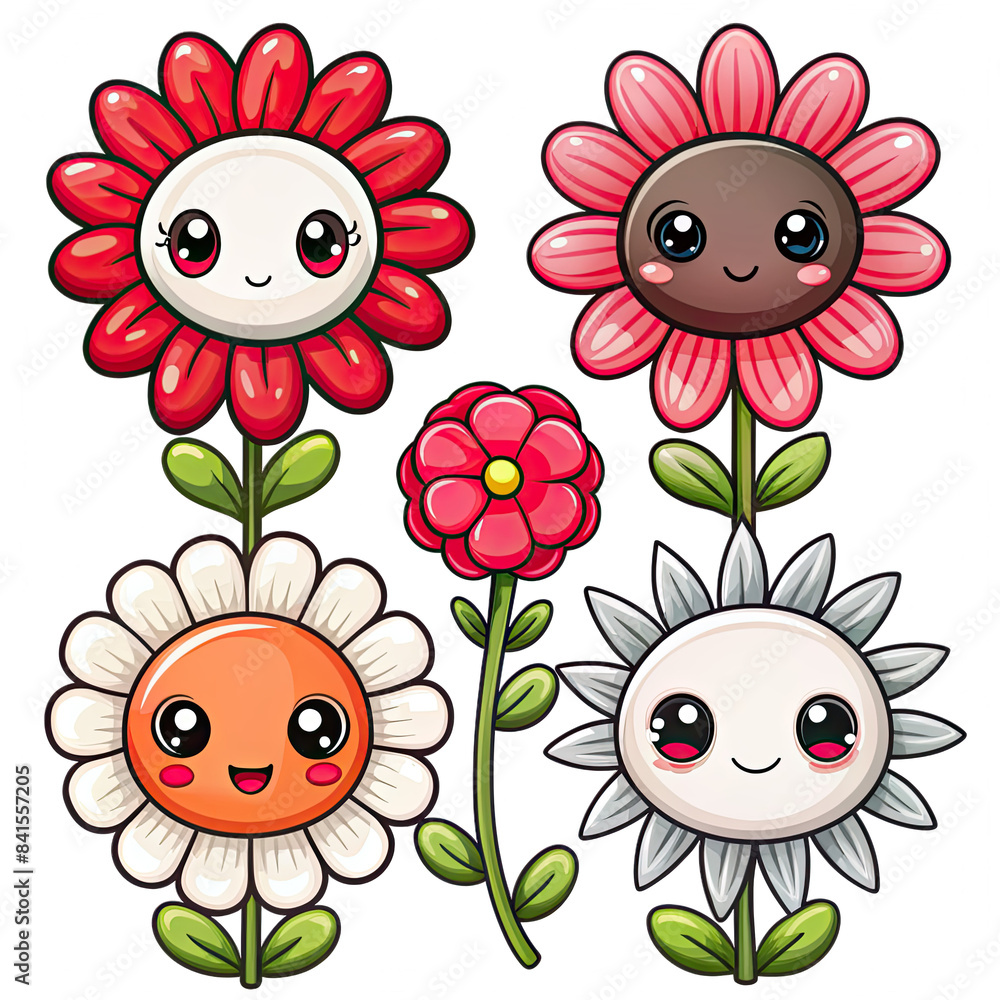 Five cartoon flowers with happy faces and colorful petals. on ...