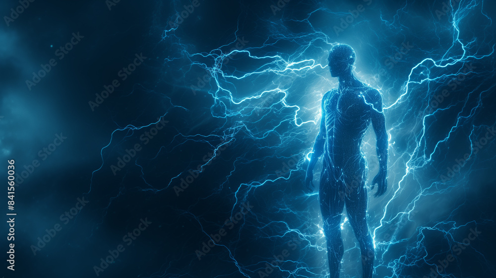 Muscular man silhouette surrounded by blue electric current discharge ...