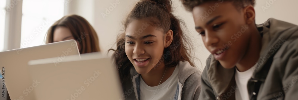 Students in the classroom work together on projects using laptops ...