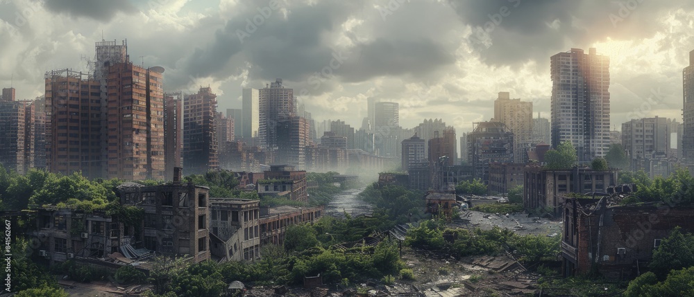 The cycle of urban decay and renewal, cityscape with old and new ...