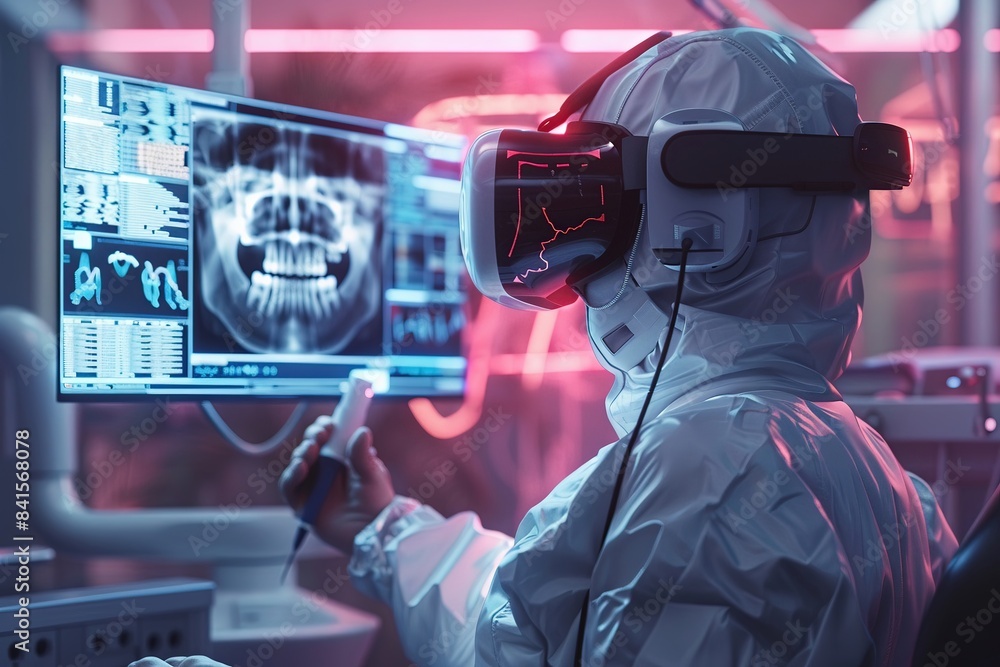 Futuristic digital artwork of a dentist using virtual reality to ...