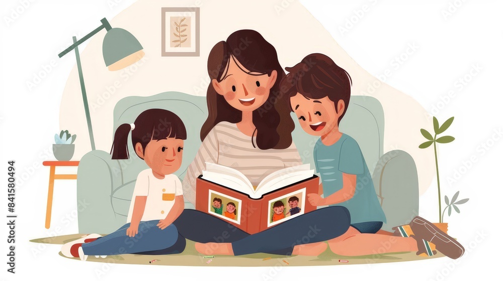 Design a heartwarming scene of a mother looking at a photo album with ...