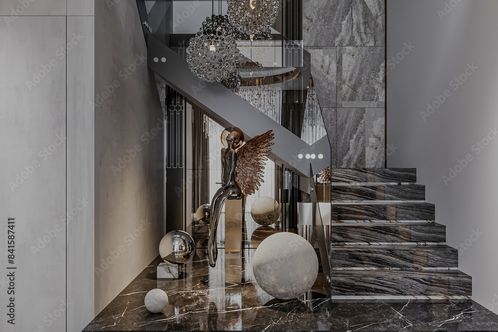 Modern duplex house staircase with built-in marble and glass railing and a fairy sculpture by ...