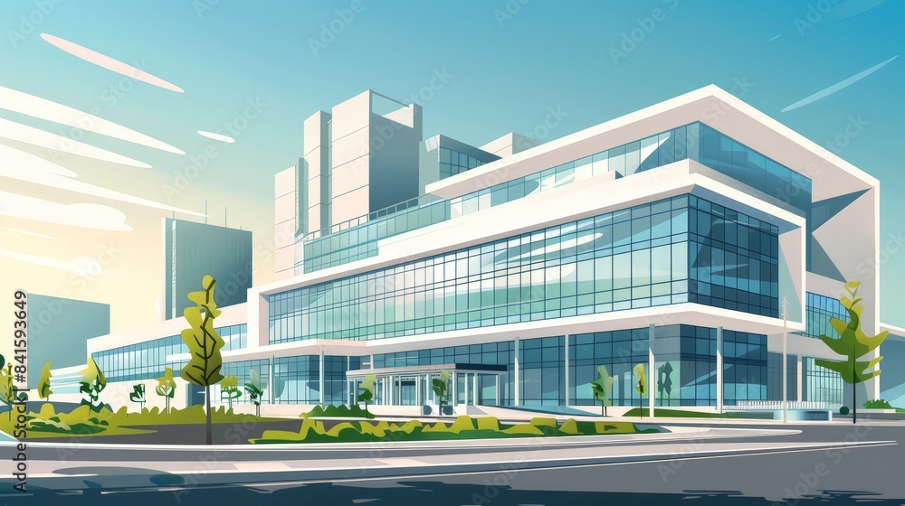Illustrate a modern hospital building with sleek design and advanced ...