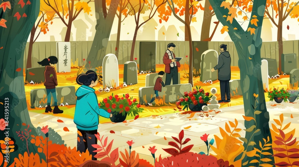 Illustrate a scene of people visiting the graves of loved ones to offer ...