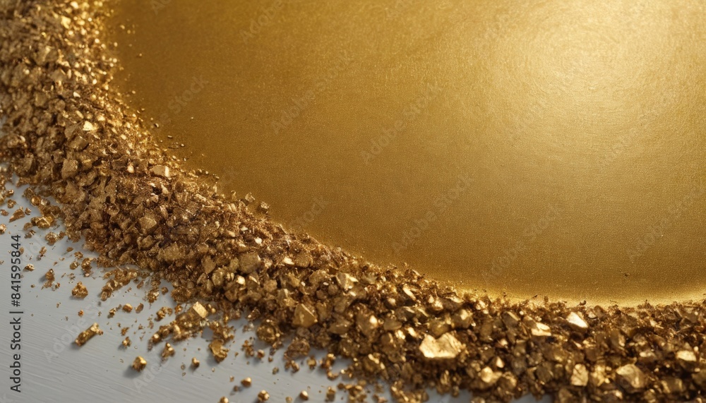 Macro shot of scattered gold flakes on a shimmering golden surface ...