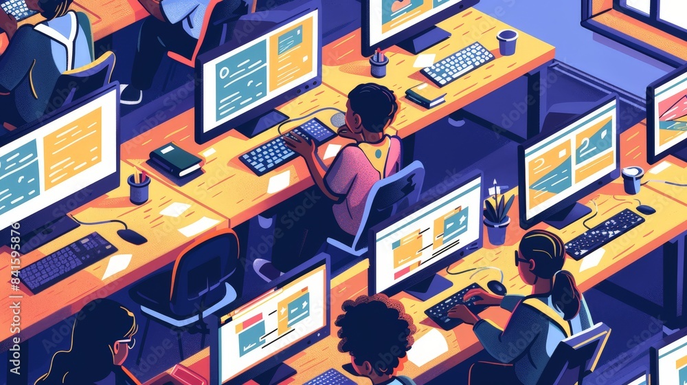 Illustrate a virtual classroom setup with students and a teacher ...