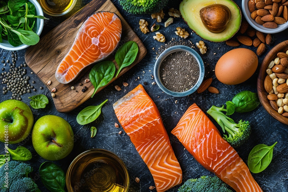 foods rich in omega 3. red fish steak, olive oil, avocado, walnuts ...