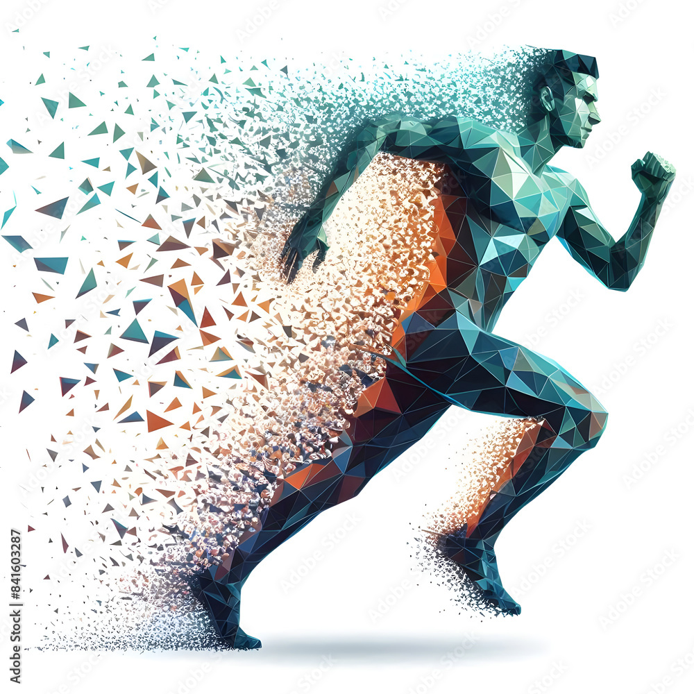 Dynamic Low Poly Running Man with Shatter Effect on White Background ...