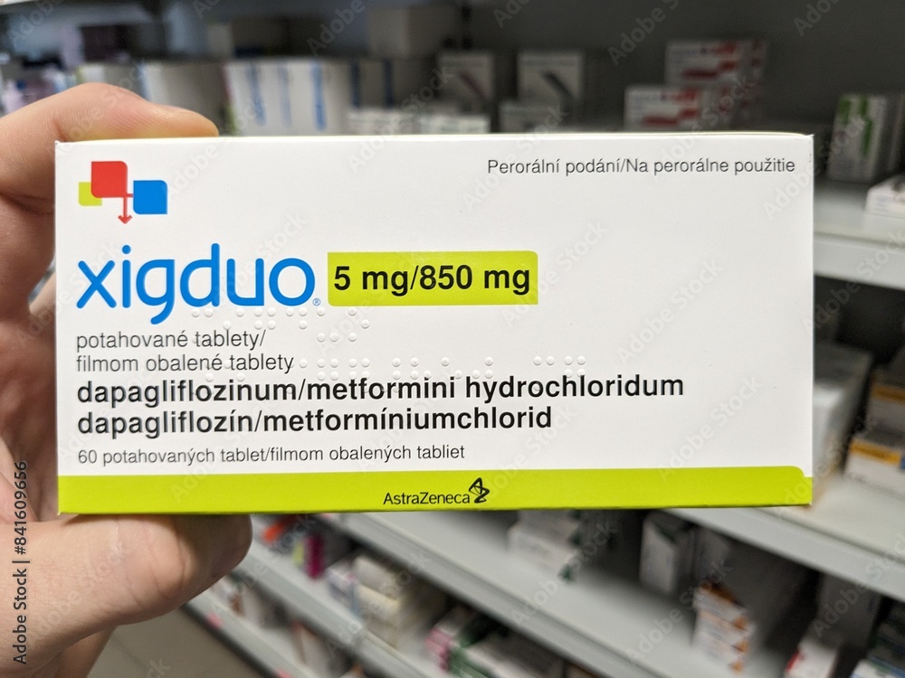 Prague, Czech Republic-June 17, 2024: Xigduo box of medication with ...