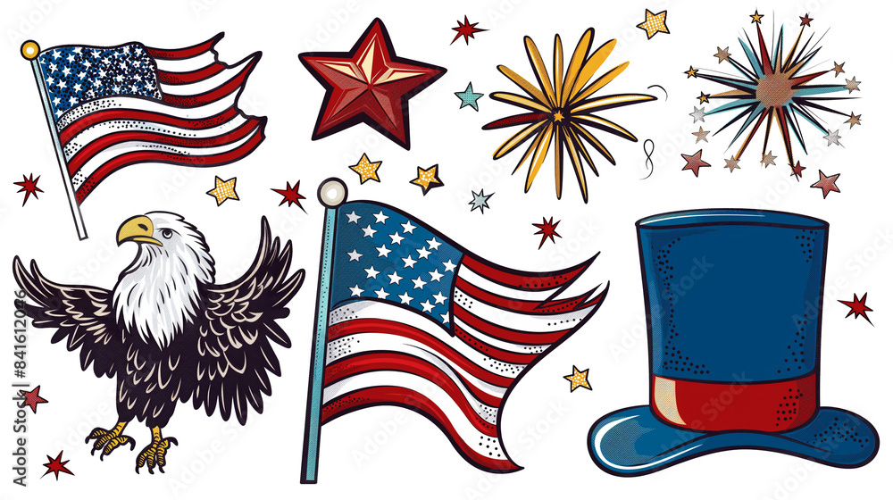 Detailed Patriotic Illustrations Set: American Flags, Fireworks, Bald ...