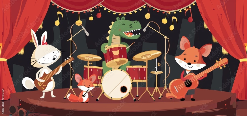 Illustrations of animals playing music instruments in concert. Exact ...