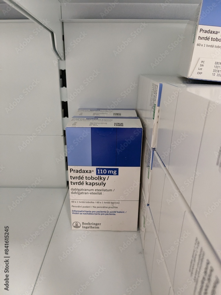 Prague,Czech republic-June 11 2024:Pradaxa box of tablets.Dabigatran as ...