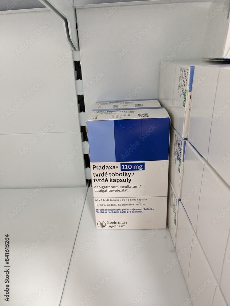 Prague,Czech republic-June 11 2024:Pradaxa box of tablets.Dabigatran as ...