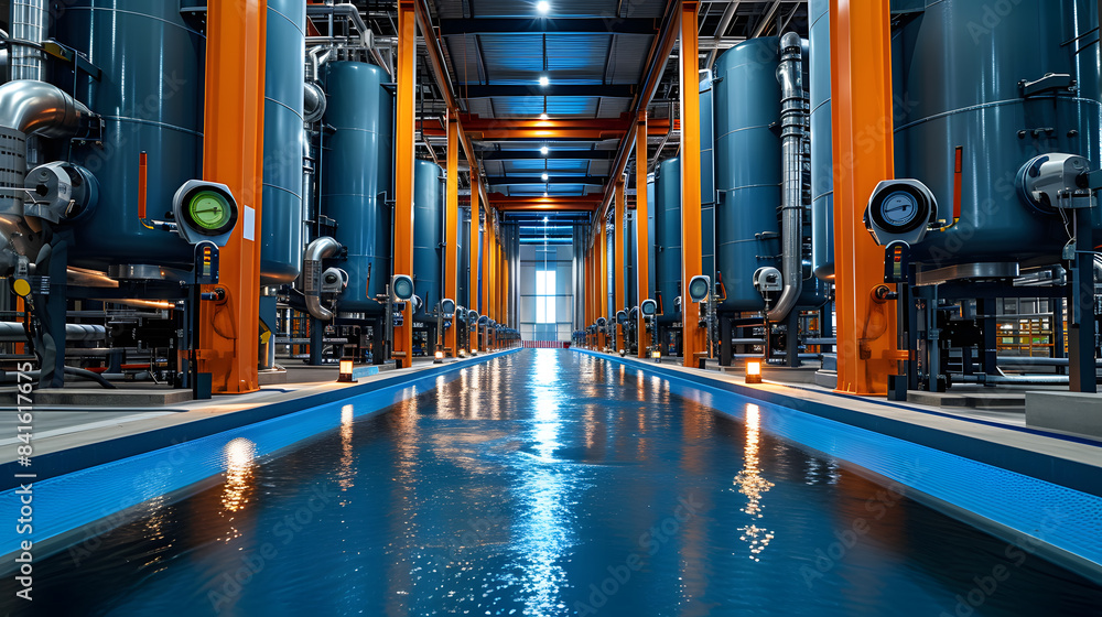 Interior view of an industrial water treatment plant featuring large ...