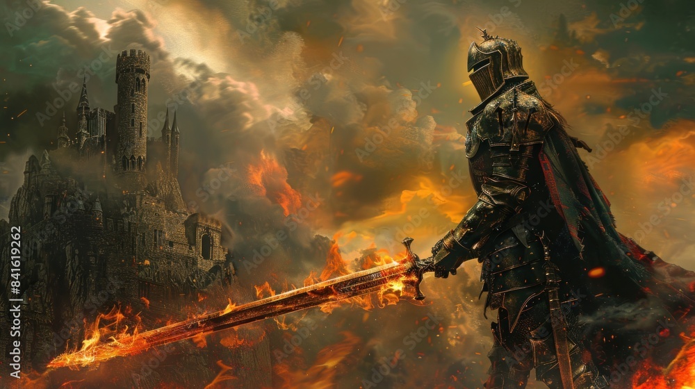fantasy medieval knight with armor and helmet holding fire sword ready ...