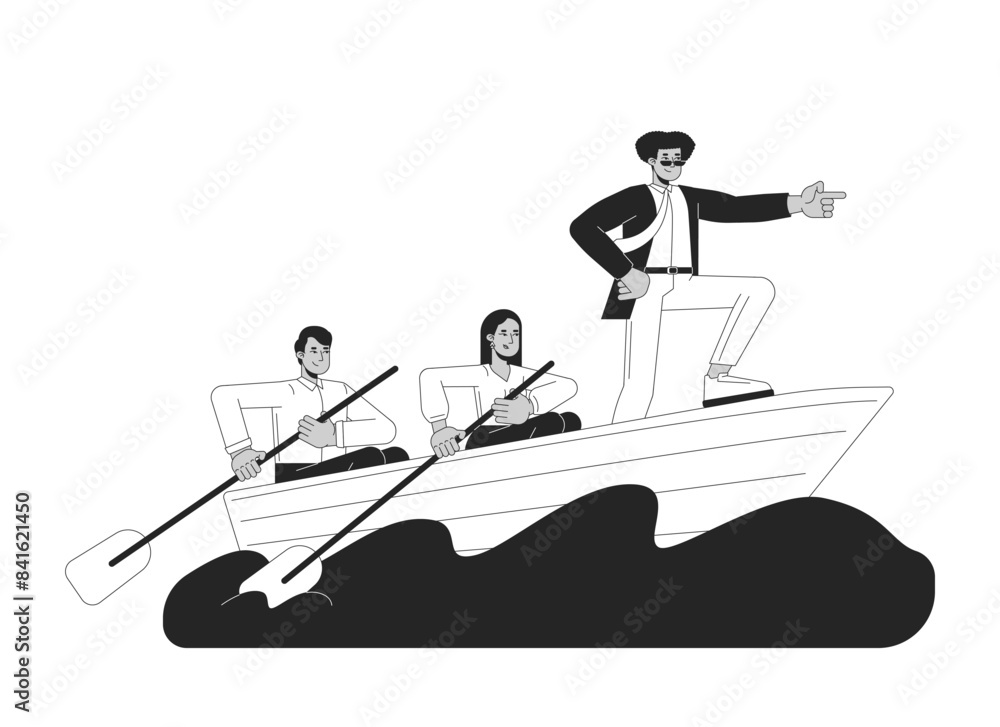 Leader showing way black and white cartoon flat illustration. Latin ...