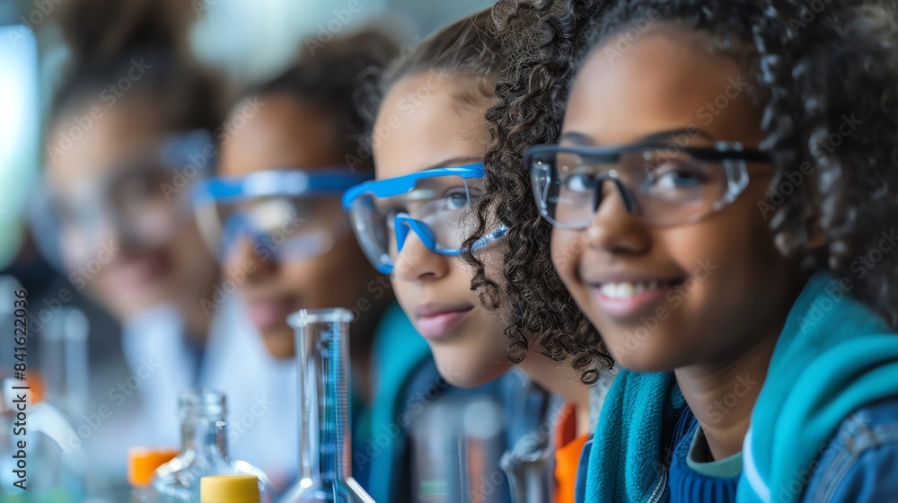 Smiling young students in a science lab, wearing safety goggles Stock ...
