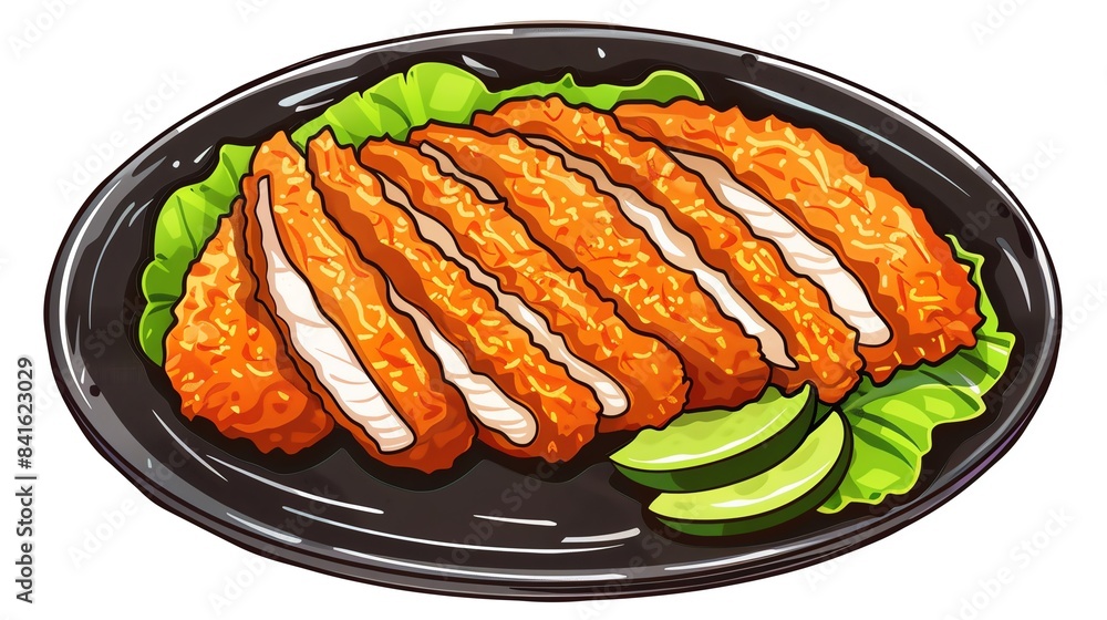 Top view of 32bit of Chicken Katsu in a vector cartoon style, isolate ...