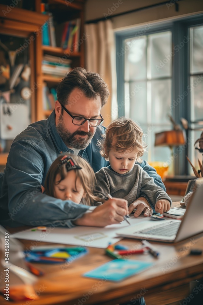 Working father multitasks as he oversees kids painting in a home office ...