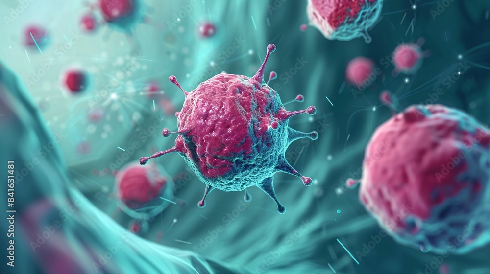 Human immune cells and cancer cells on a scientific background ...