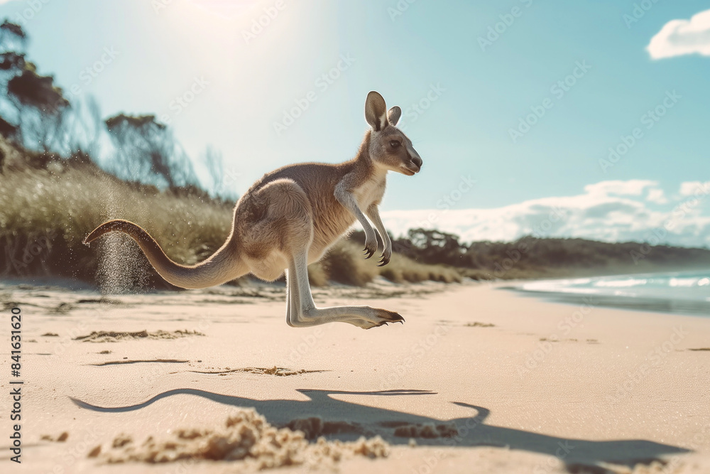 Kangaroo leaping on a beach with a bright sunny sky, mid-action shot ...