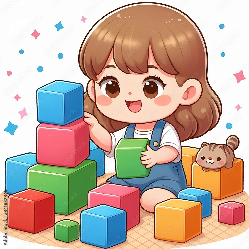 Cute little girl playing with building blocks. Flat-style illustration ...