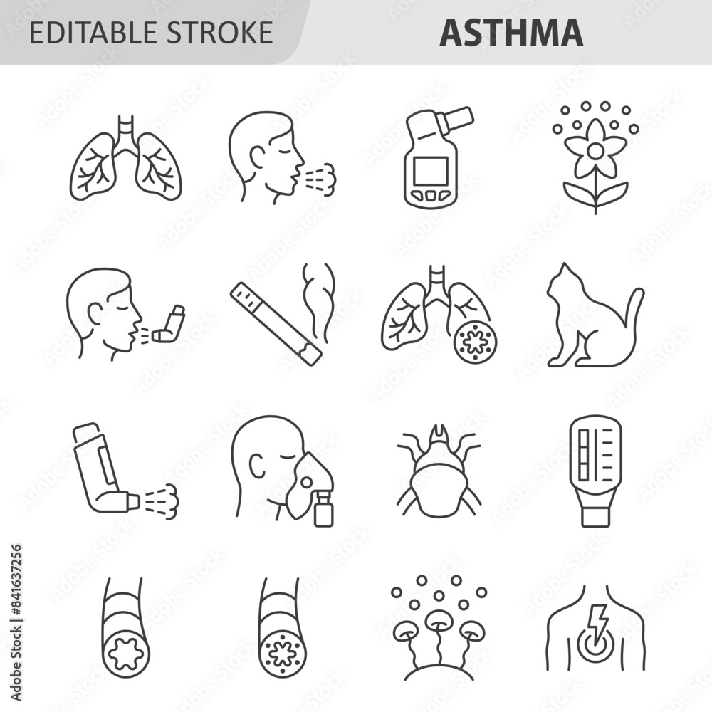Asthma line icon set. Vector collection with lung, cough, pollen ...