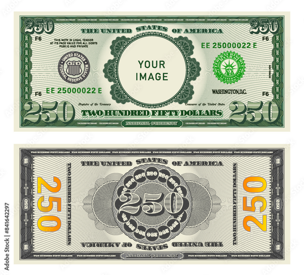 Vector highly detailed fictional beautiful 250 US dollar banknote ...