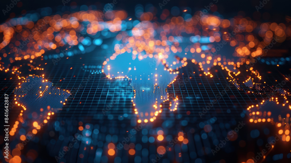 Colorful digital representation of a world map emphasizing data flow ...